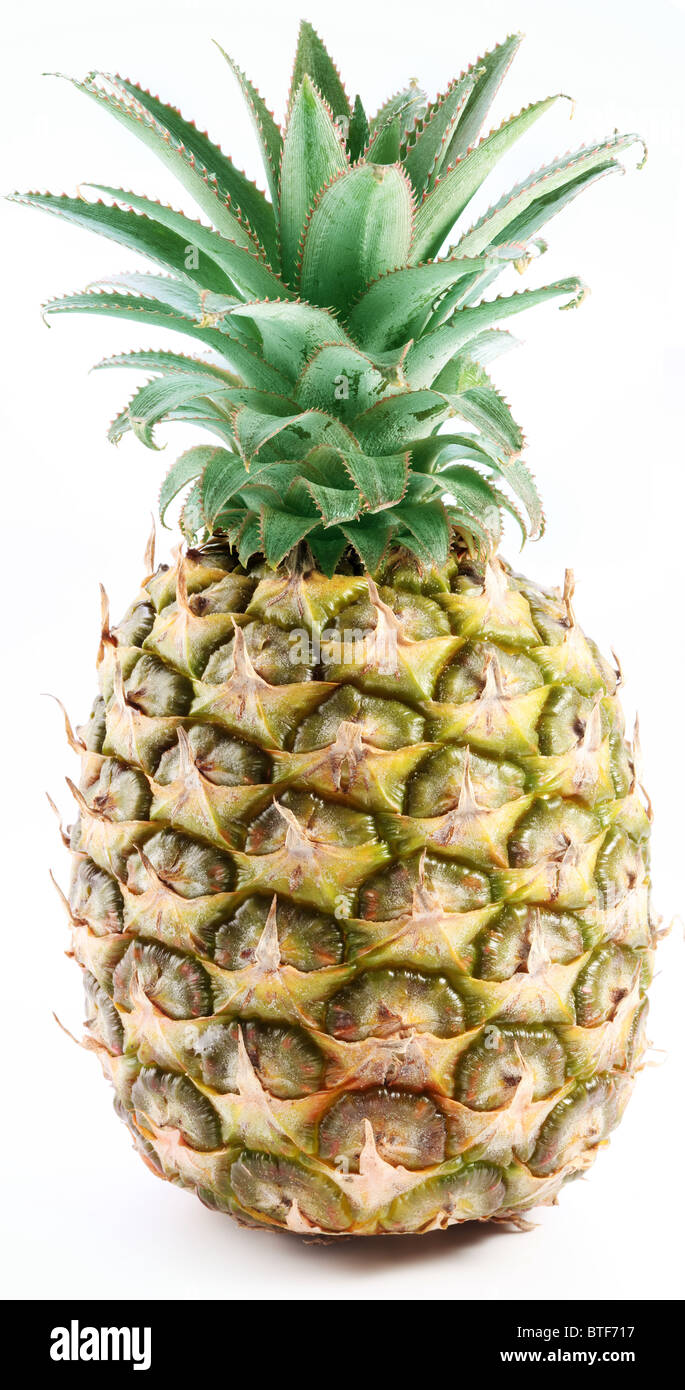Large ripe pineapple with rich green rosette. Isolated on a white Stock ...