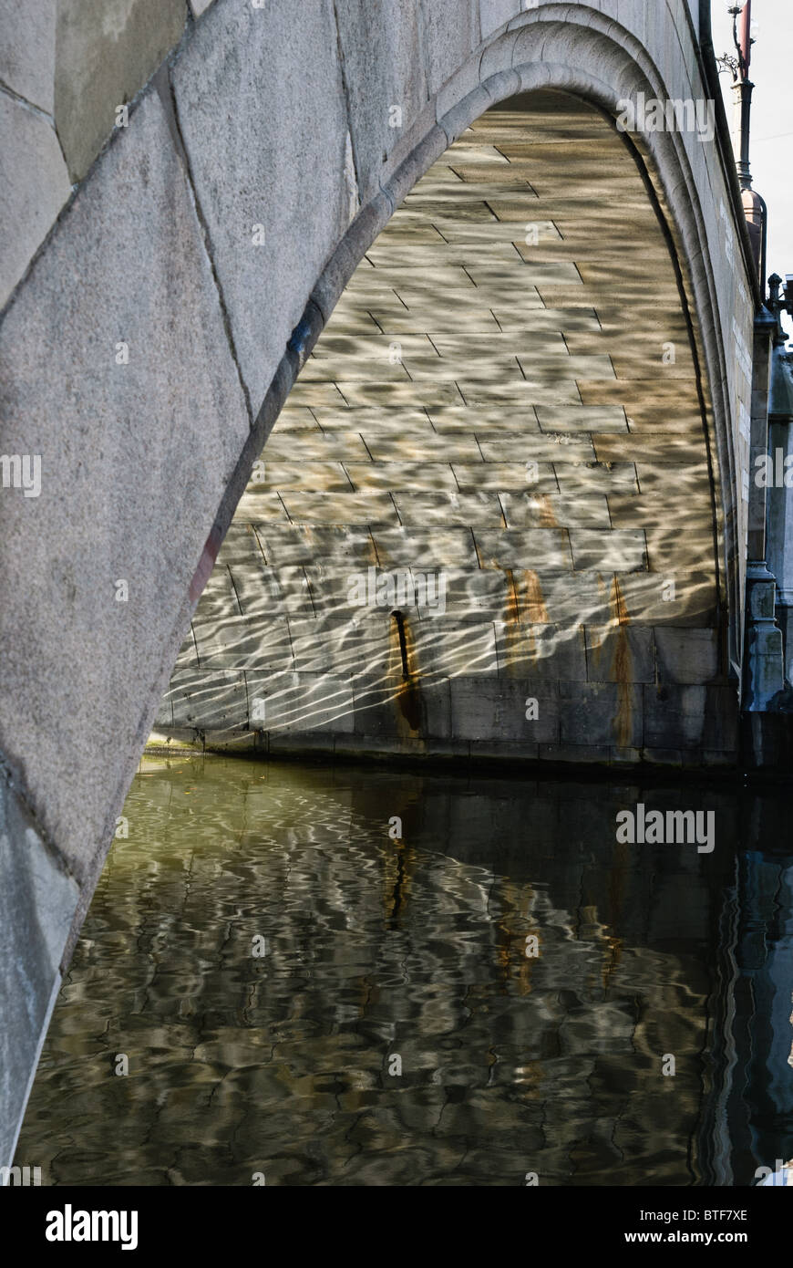 Underside of St Michael's bridge, Ghent with dappled water reflections ...