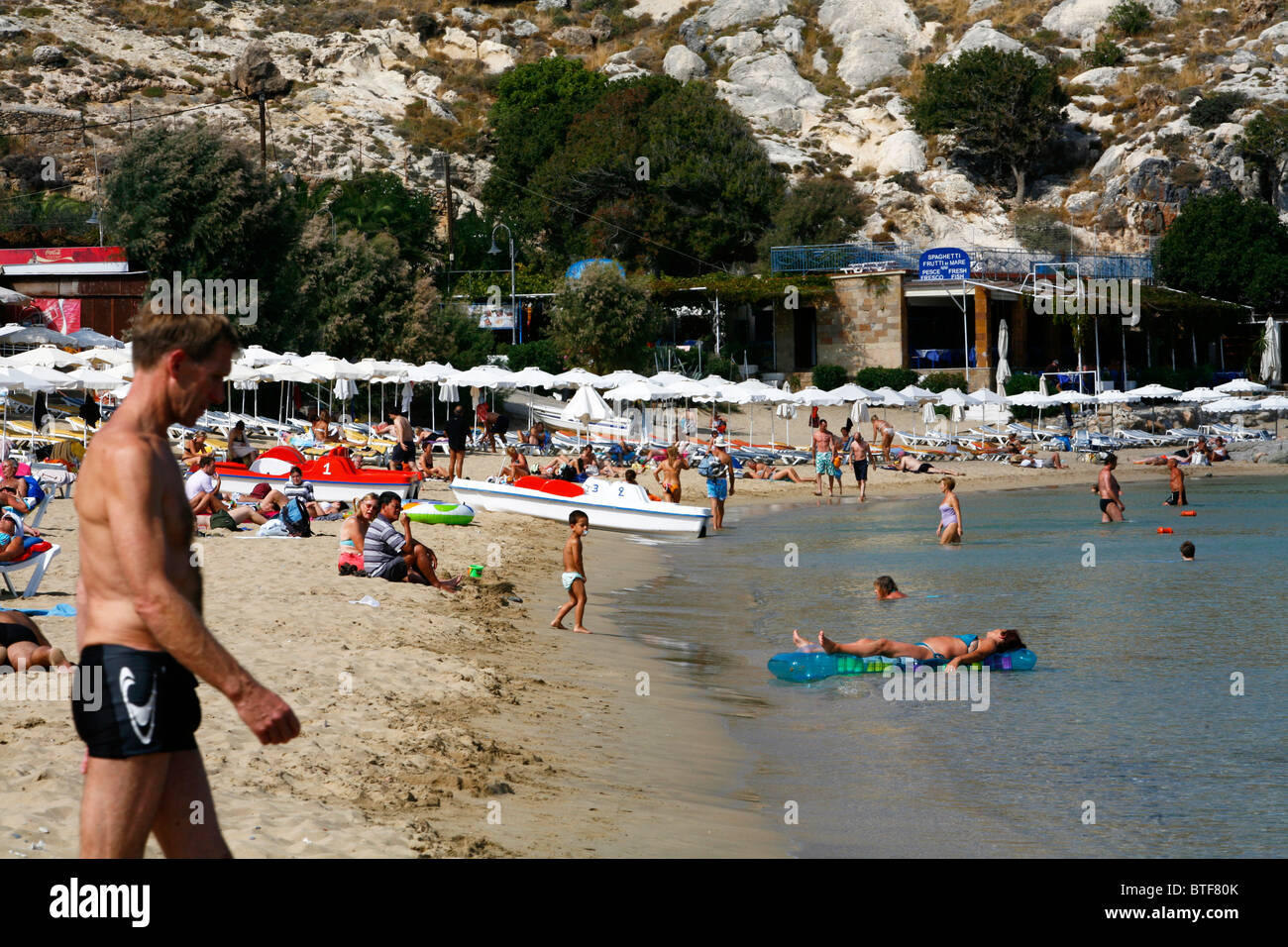 The Main beach in Lindos, Rhodes, Greece Stock Photo - Alamy