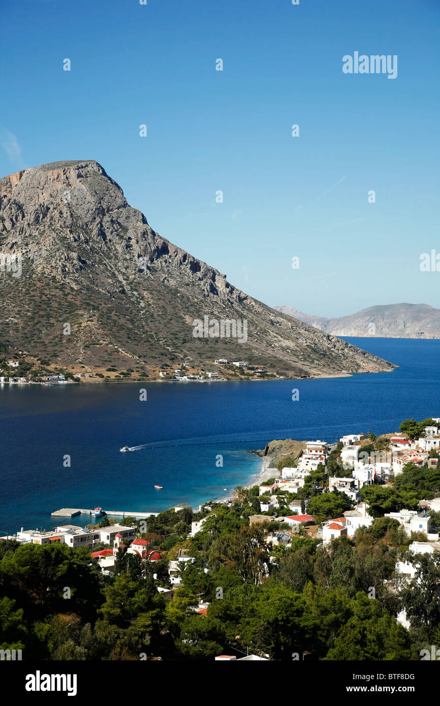View over the beaches of Myrties and Massouri with Telendos Island to ...