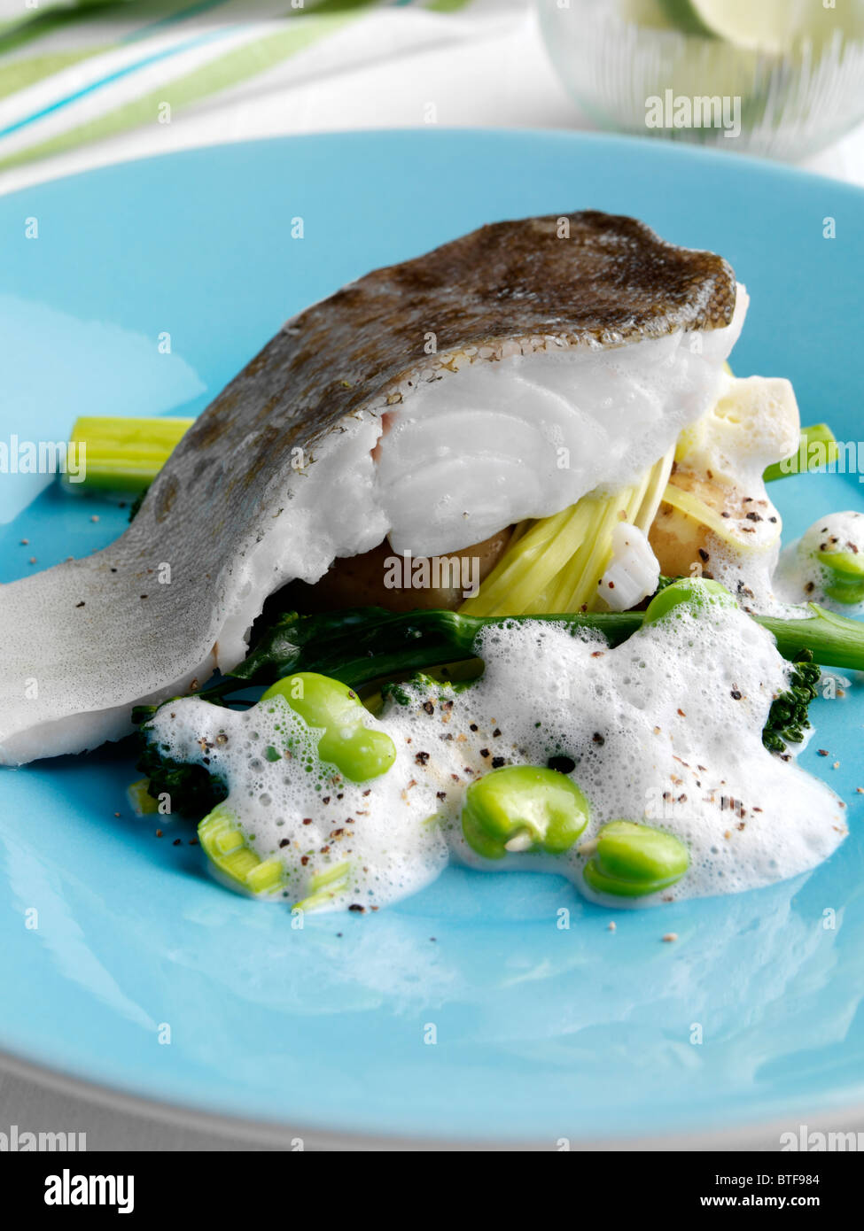 Steamed cod sprouting broccoli new potatoes broad beans leeks and ...