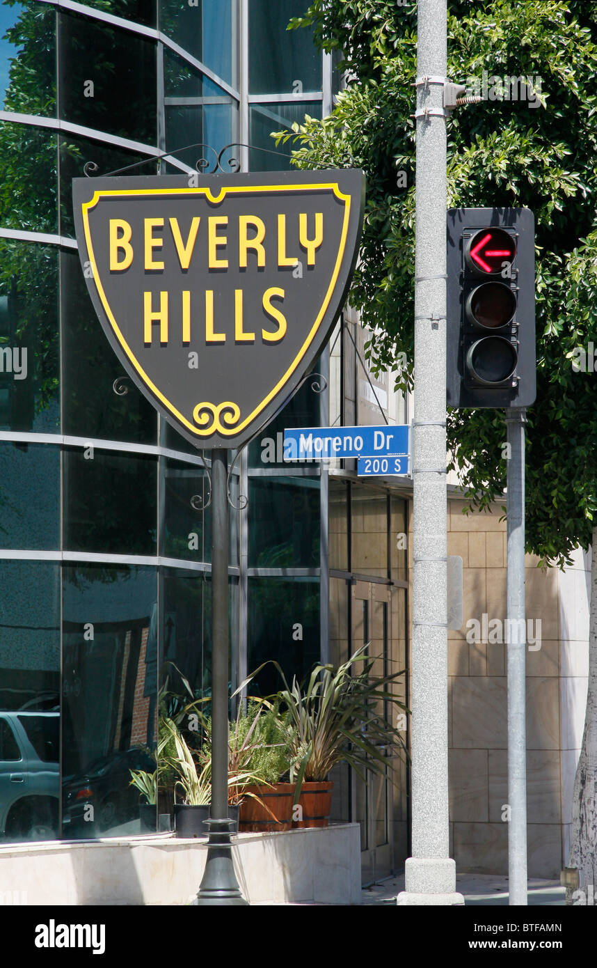 The road sign marking the town boundary of the Beverly Hills in Los ...