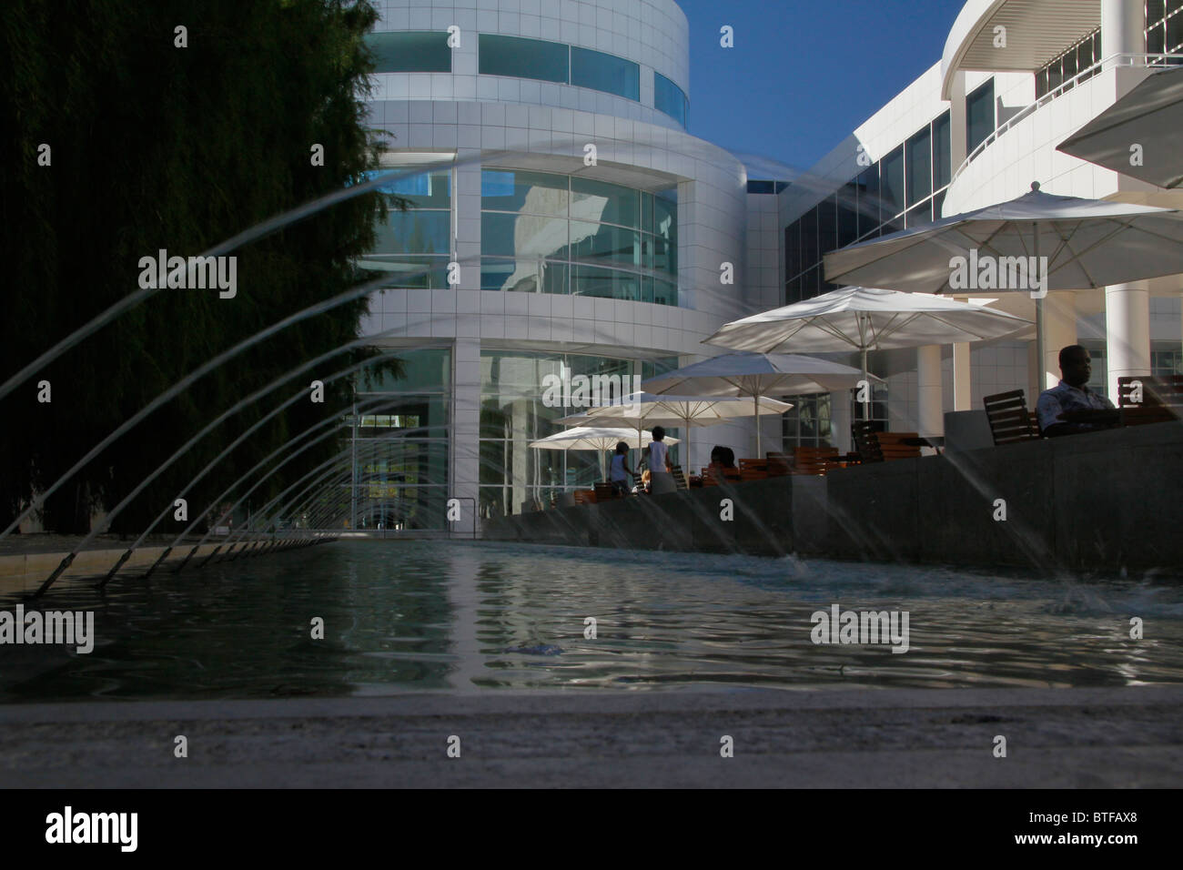 A view of the interior courtyard café of the Getty Center through the ...