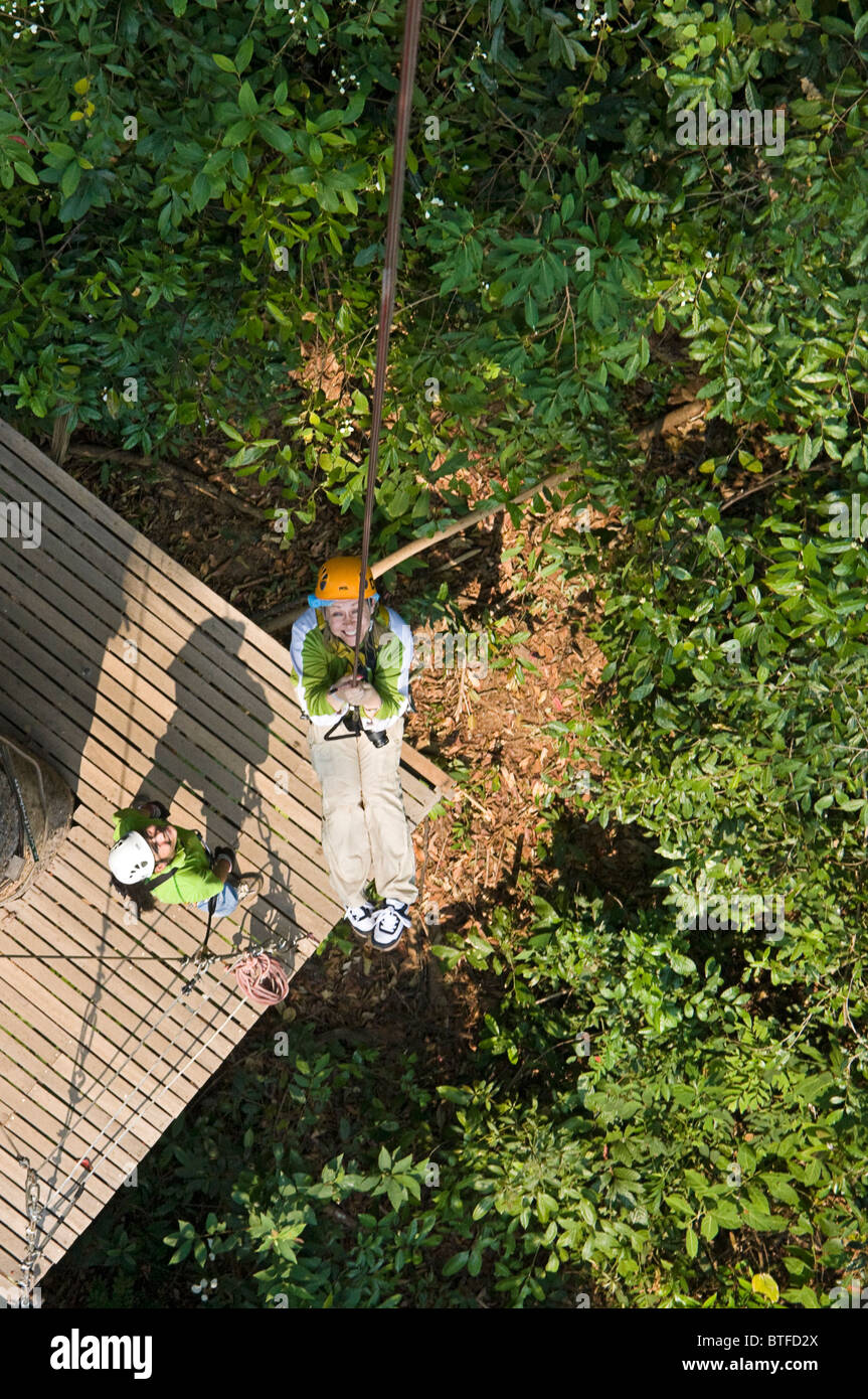 Woman is lowered on one of several 'drops' on ziplines at canopy tour ...