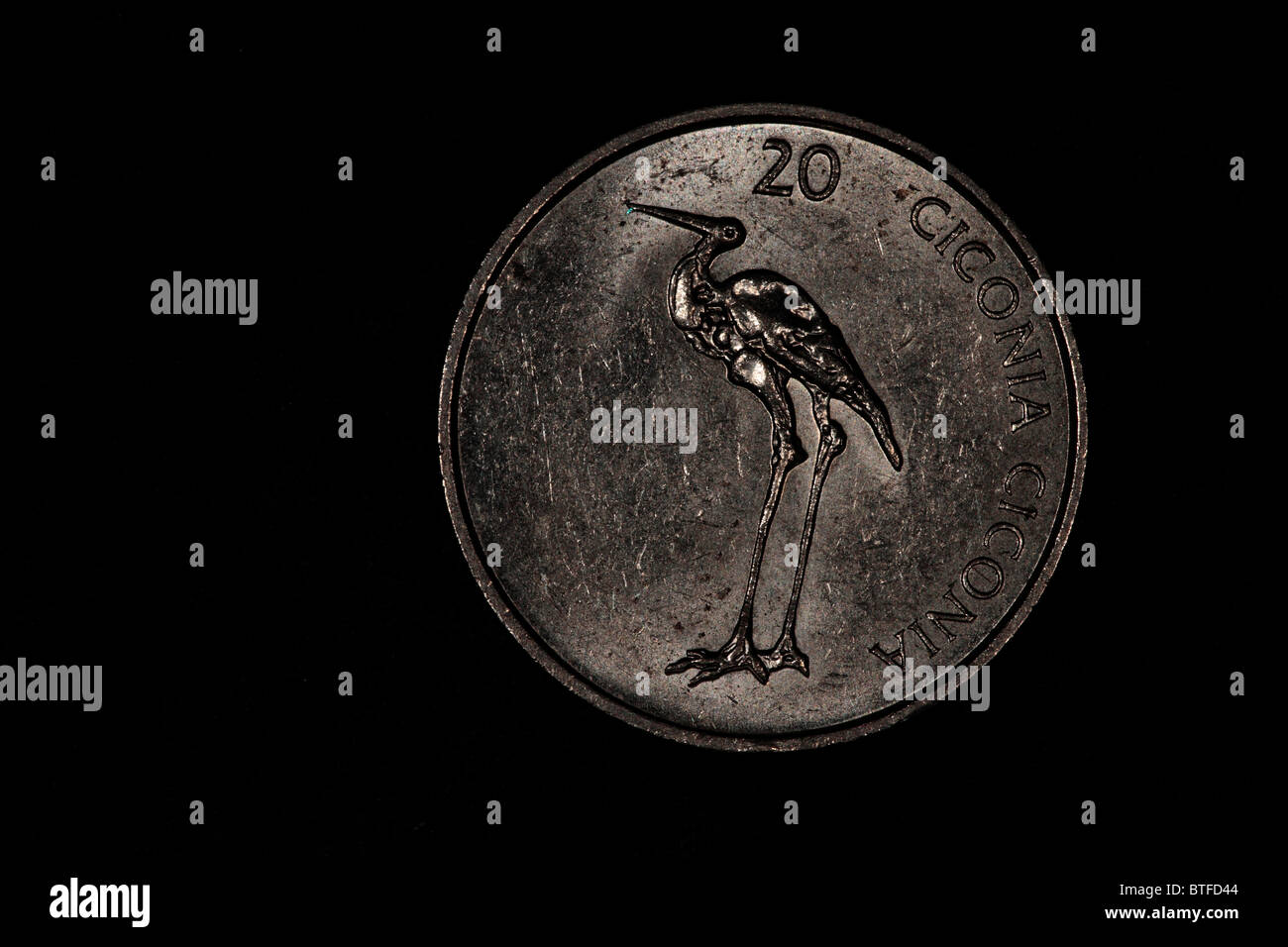 Slovenian 20 Tolarjev coin depicting a White Stork (Ciconia ciconia ...