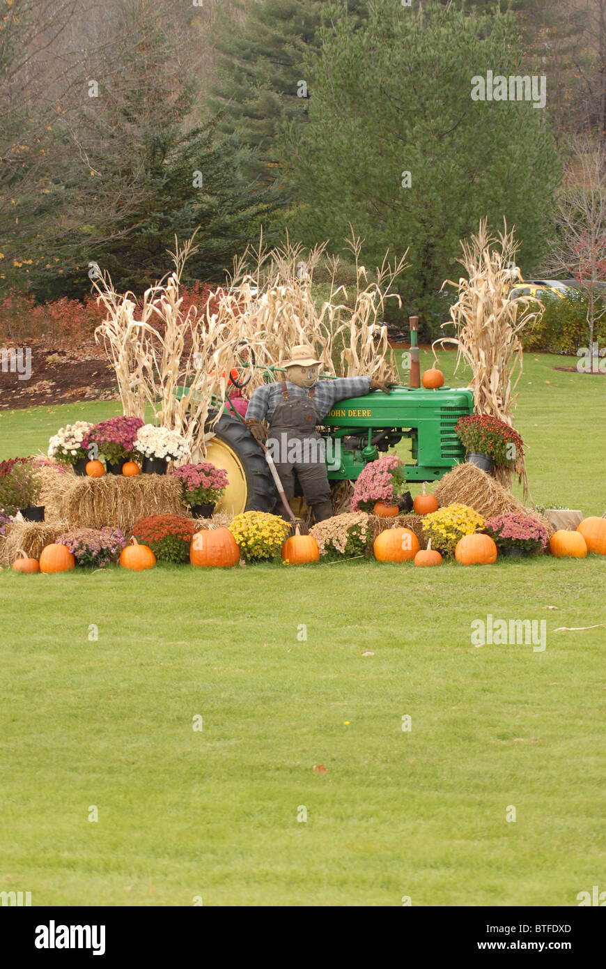Fall decorations cover a tractor during Halloween in Vermont Stock ...