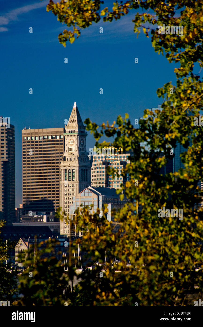 Morning sun shines on the downtown Boston harbor skyline as seen from ...
