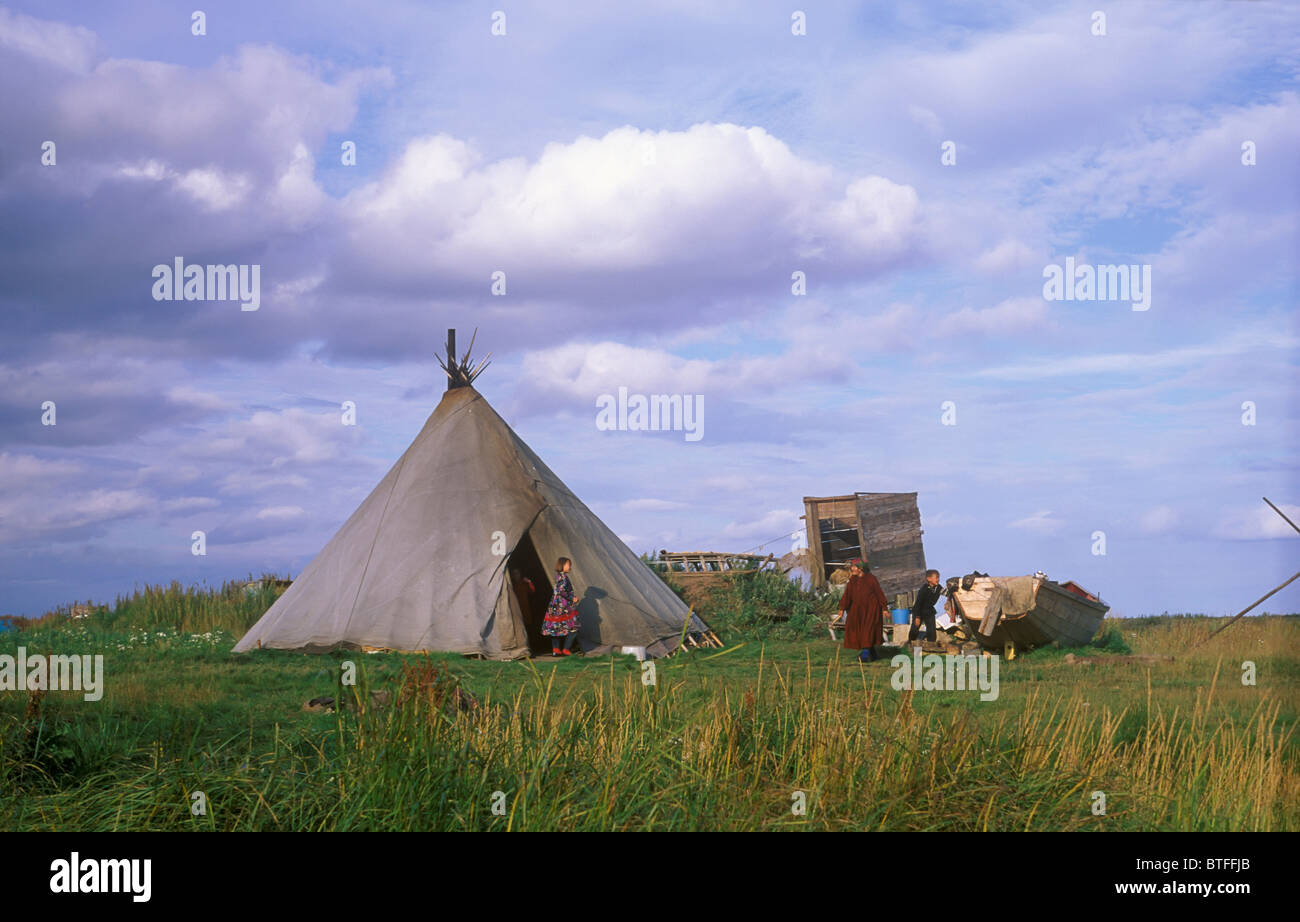 A mobile household of nomadic Nenets family, Yamal peninsula, Siberia ...