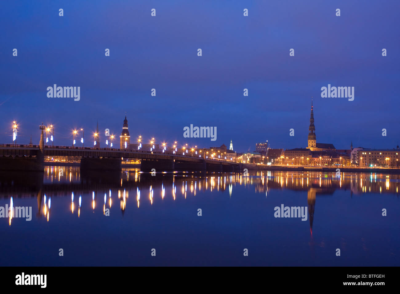 Night river with bridge and reflection Stock Photo - Alamy
