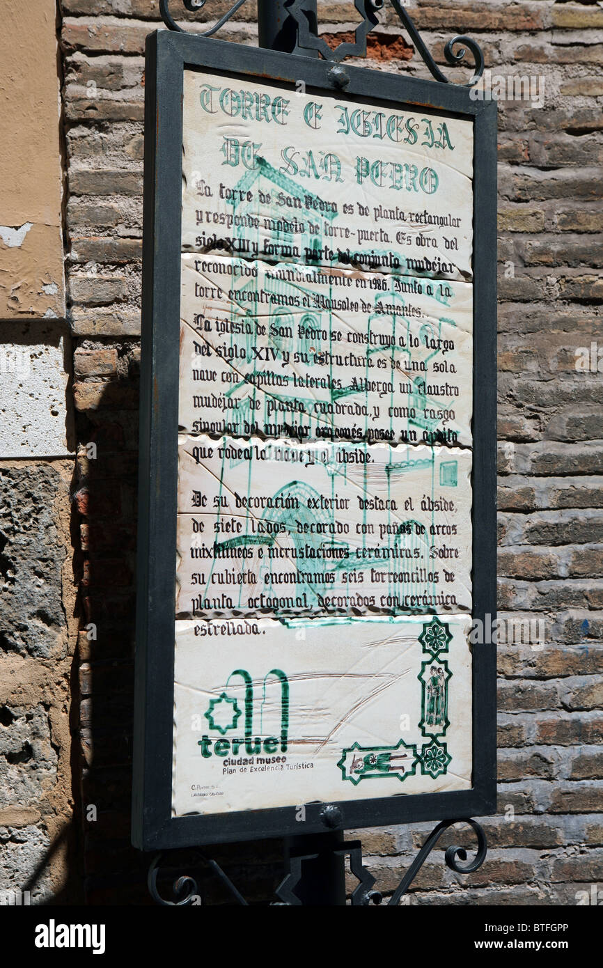 Signage re the Tower of San Pedro tower of Saint Peter in Teruel Spain ...