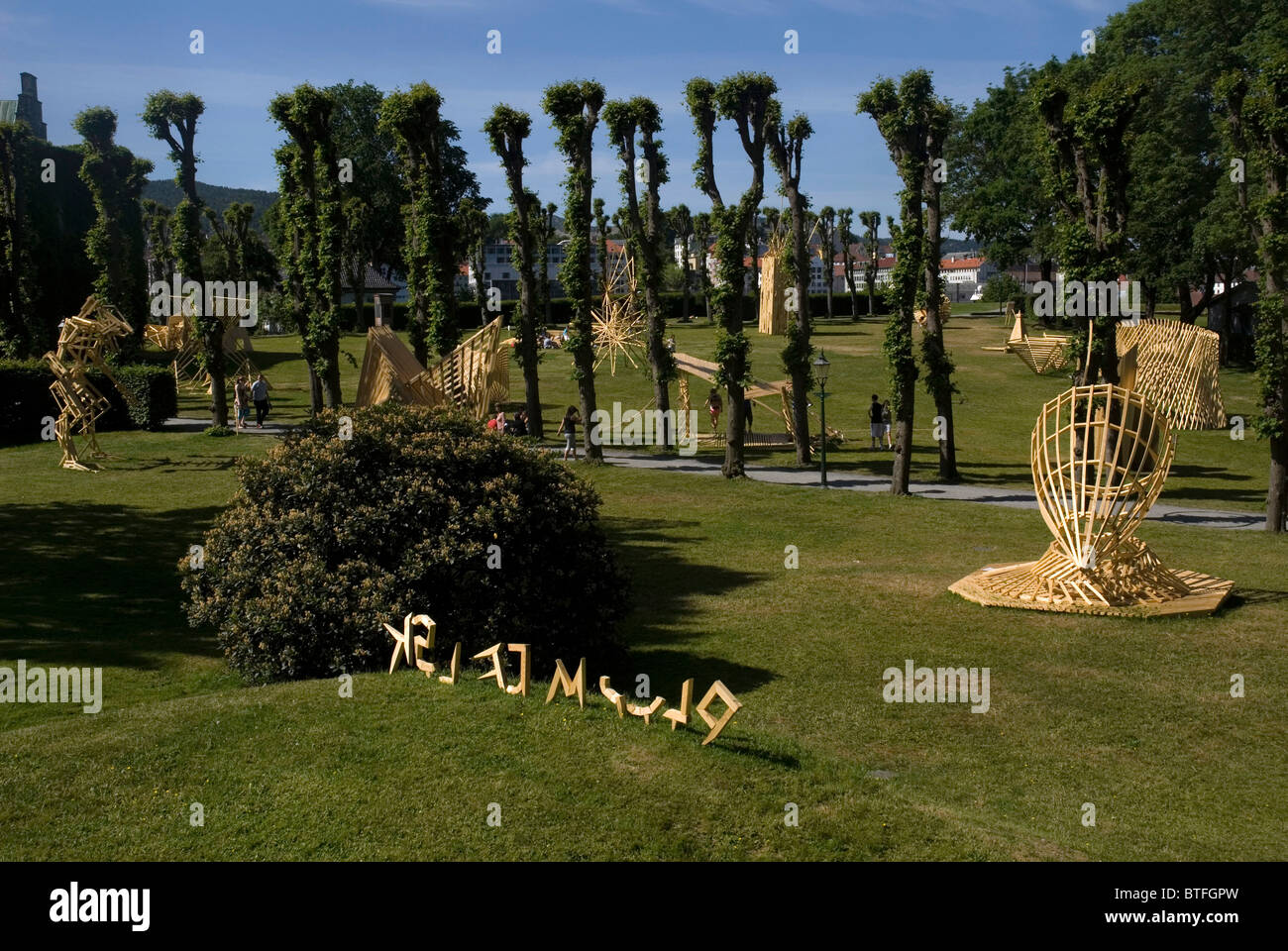 Wooden sculptures at Bergenhus Festning Park, Bergen, Norway Stock ...