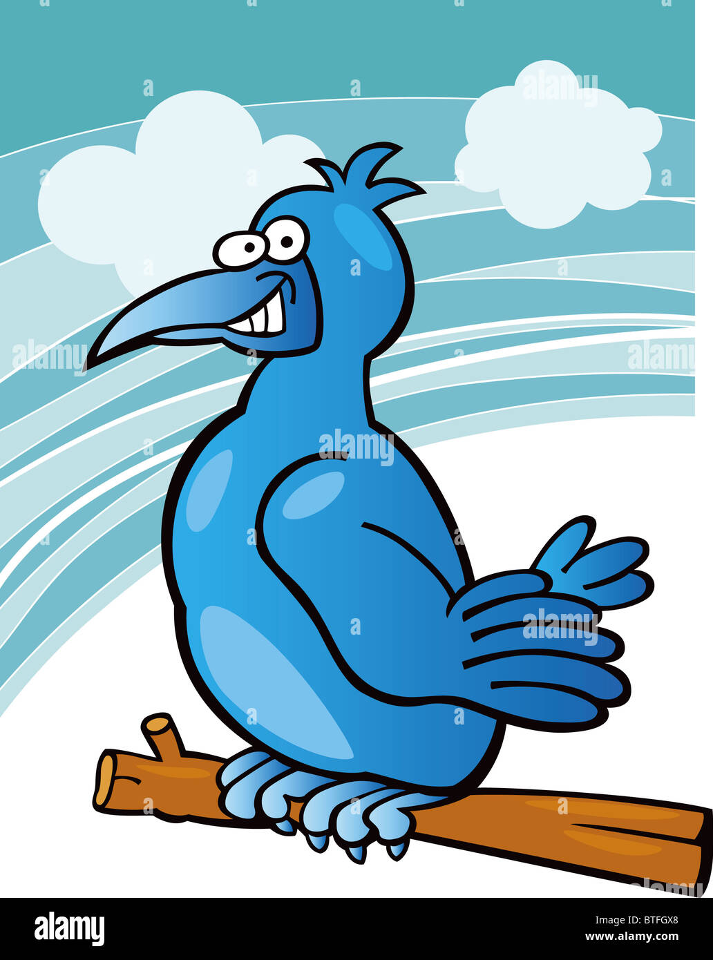 Illustration of funny blue bird on branch Stock Photo - Alamy