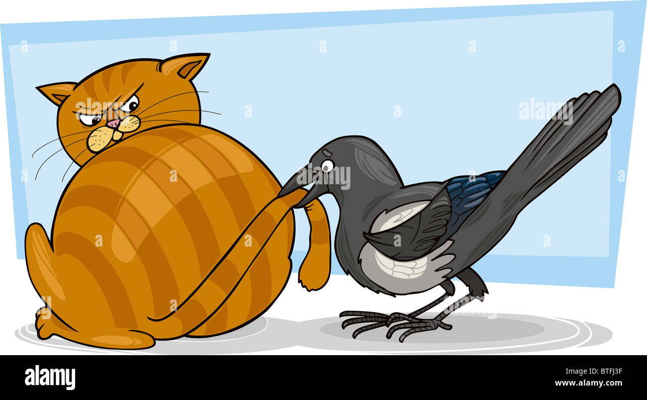 Illustration of sleepy cat and malicious magpie Stock Photo - Alamy