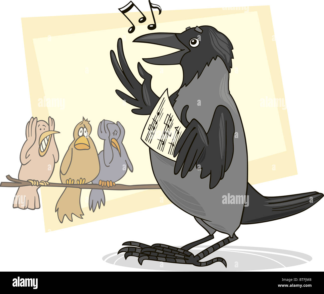 Illustration of singing crow and disgusted birds Stock Photo - Alamy
