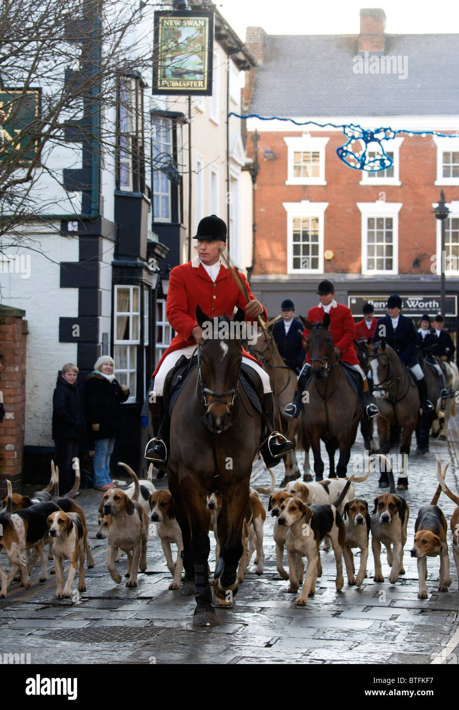 Atherstone Hunt, New Years Day. Riders arrive in the Market Square ...