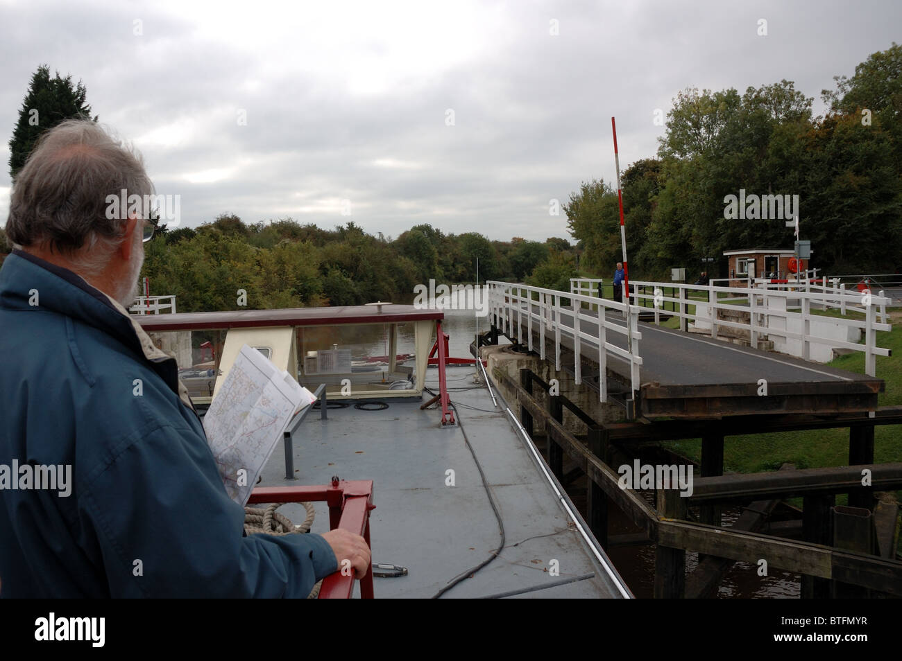 English river cruiser MV Edward Elgar approaching a swing bridge on the ...