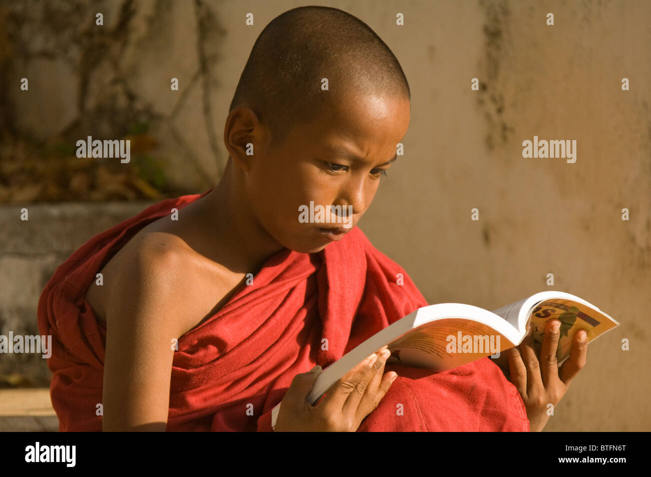 Novice Buddhist monk reading a book, Bagan (Pagan), Myanmar (Burma ...
