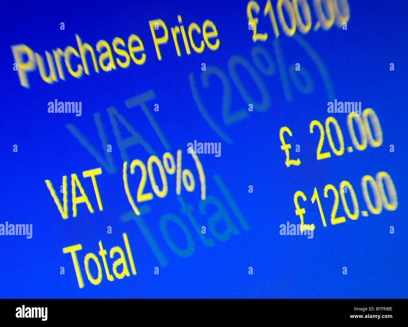 VAT (V.A.T.) at 20% featured on a computer screen. Value added tax ...
