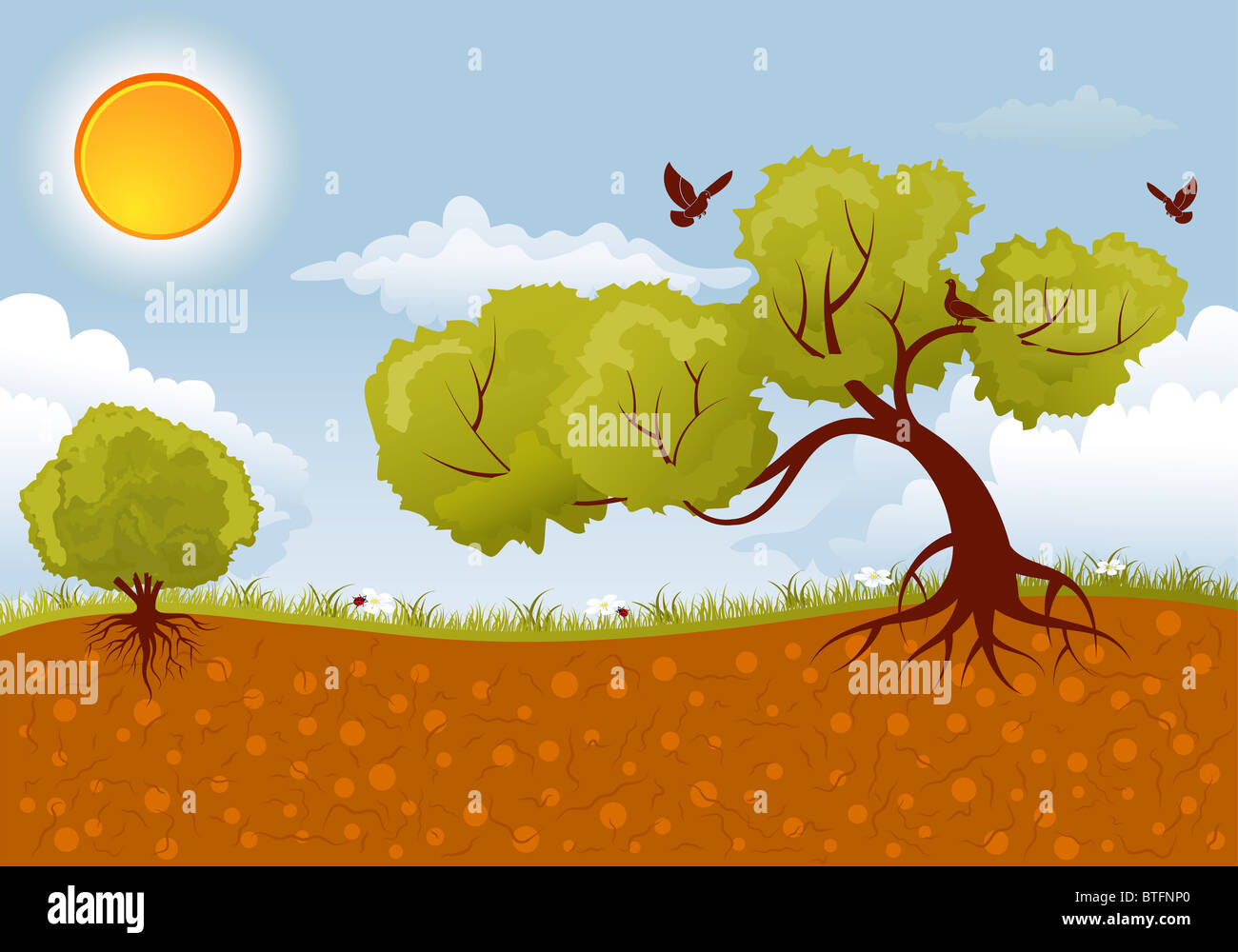 Background with Tree, sun and grass, element for design, vector ...