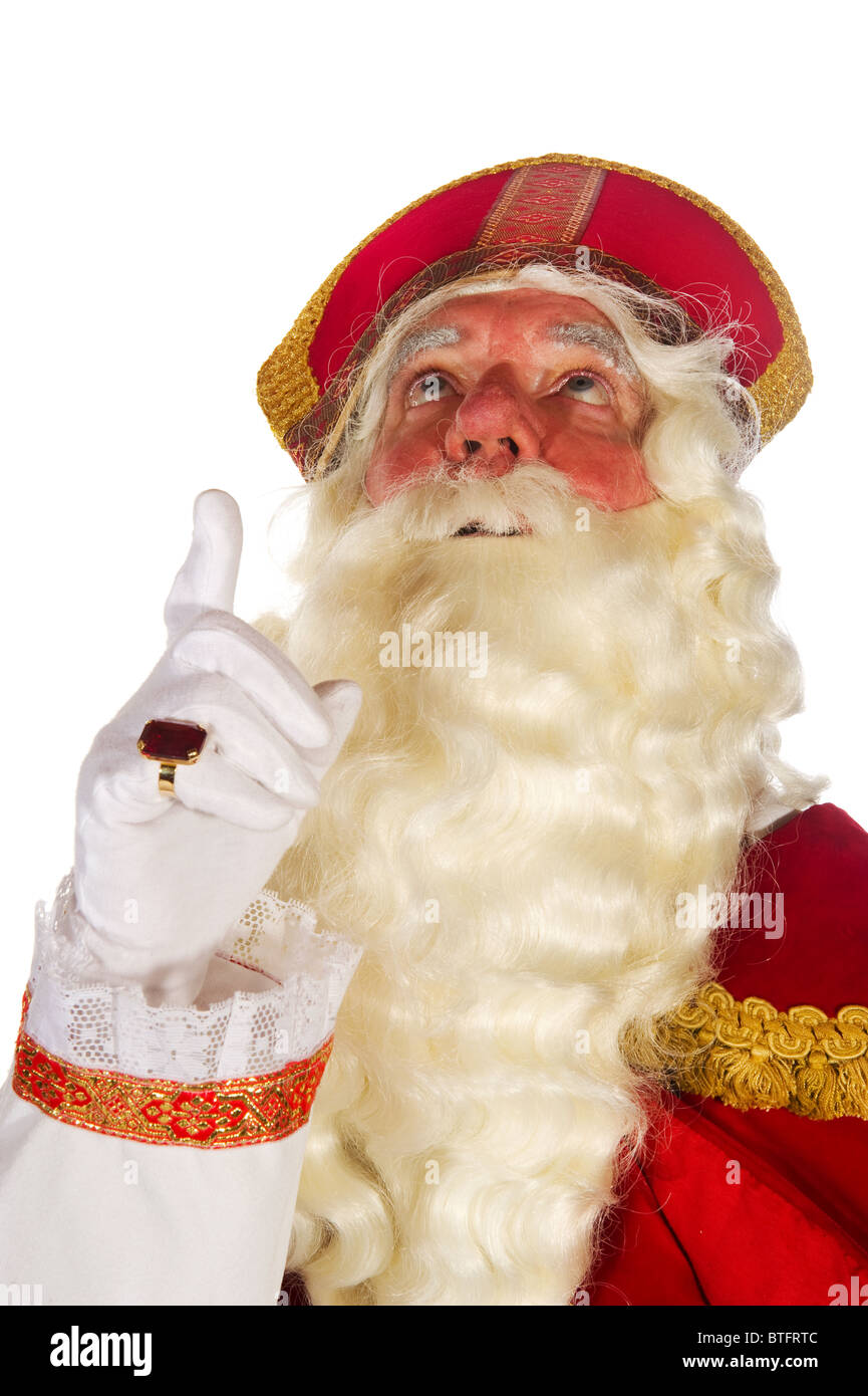 Dutch traditional Sinterklaas pointing up portrait in the studio Stock ...