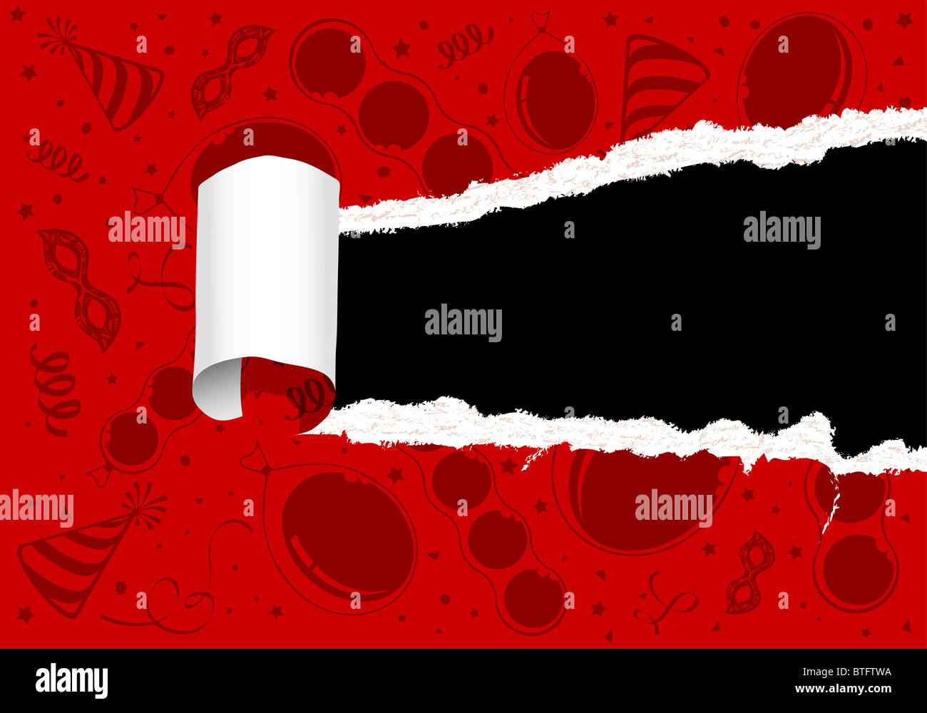 Torn Party decorative paper with hole, balloon, streamer, carnival mask ...