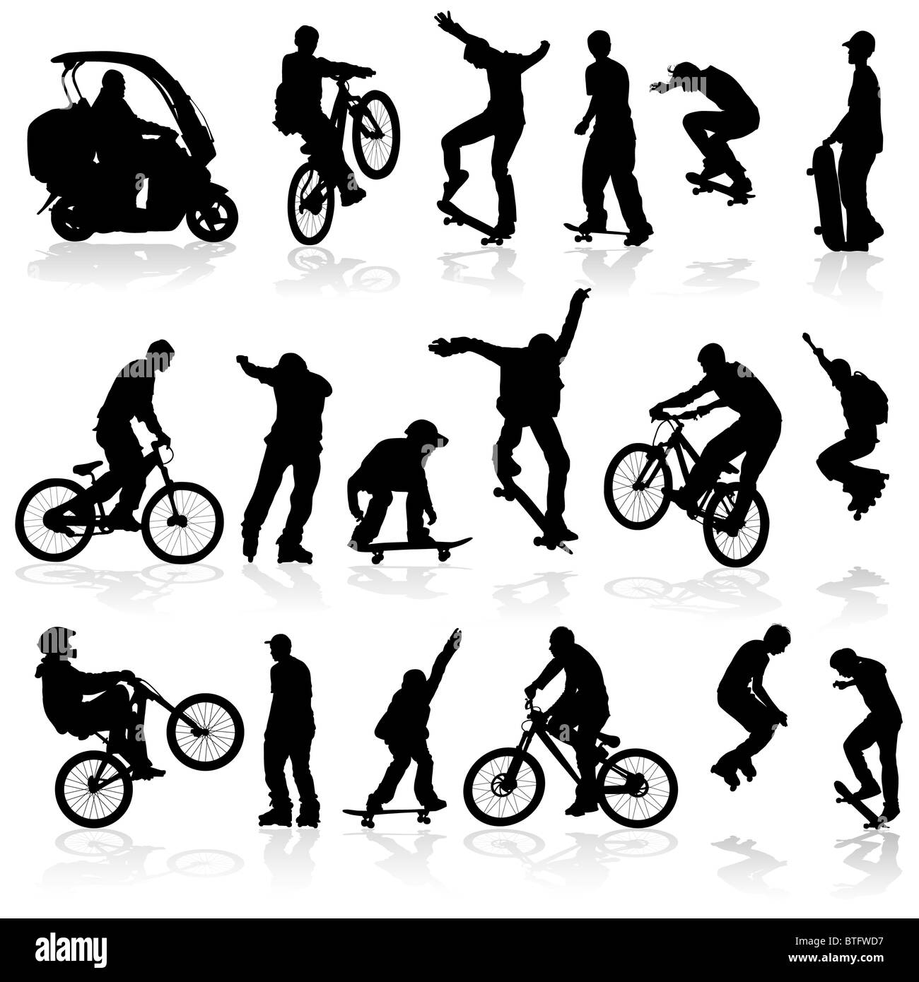 Extreme silhouettes man on roller, bicycle, scooter, skateboard, vector ...