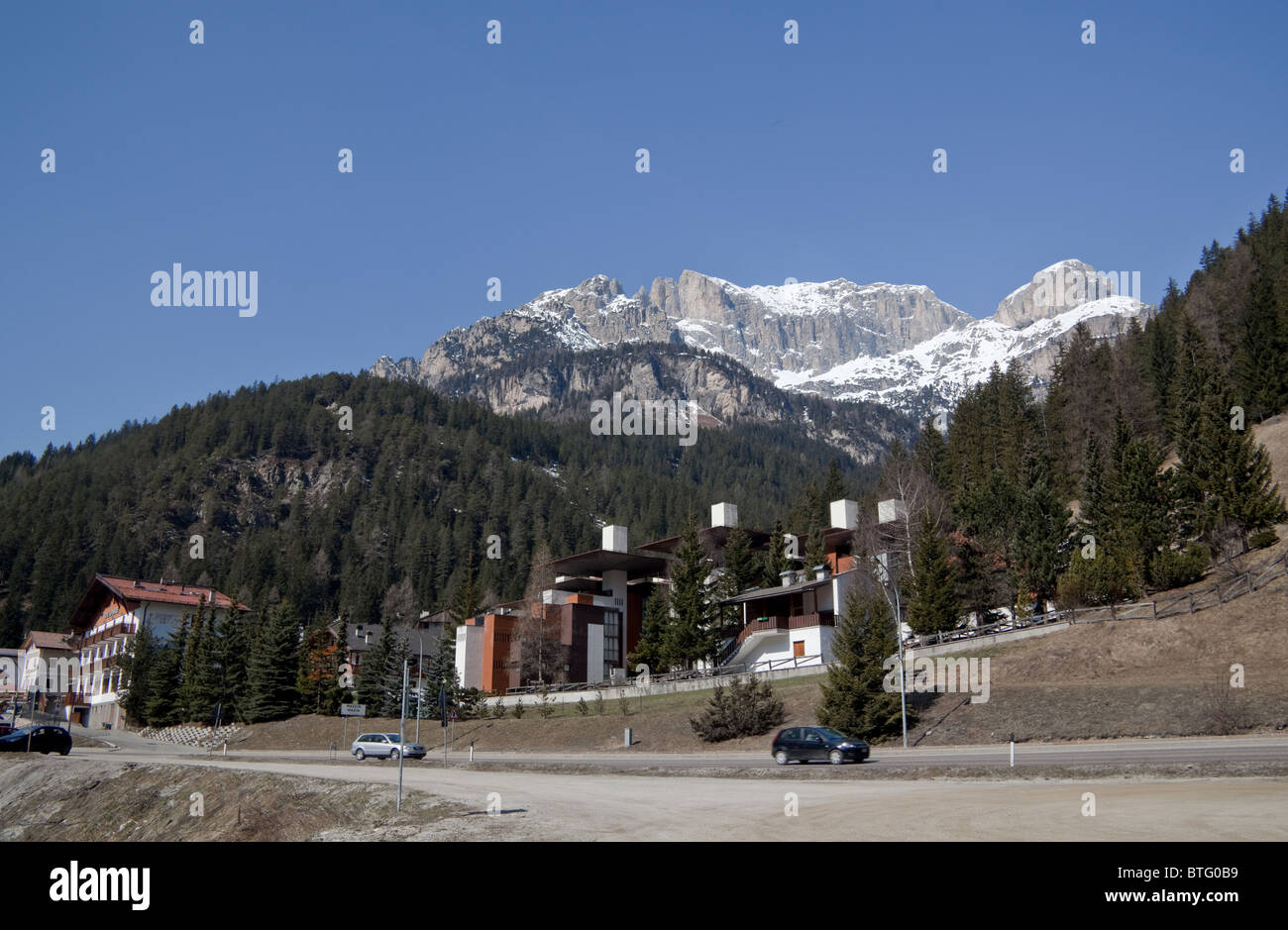 road passing through the village of Mazzin in the Alto Adige province ...