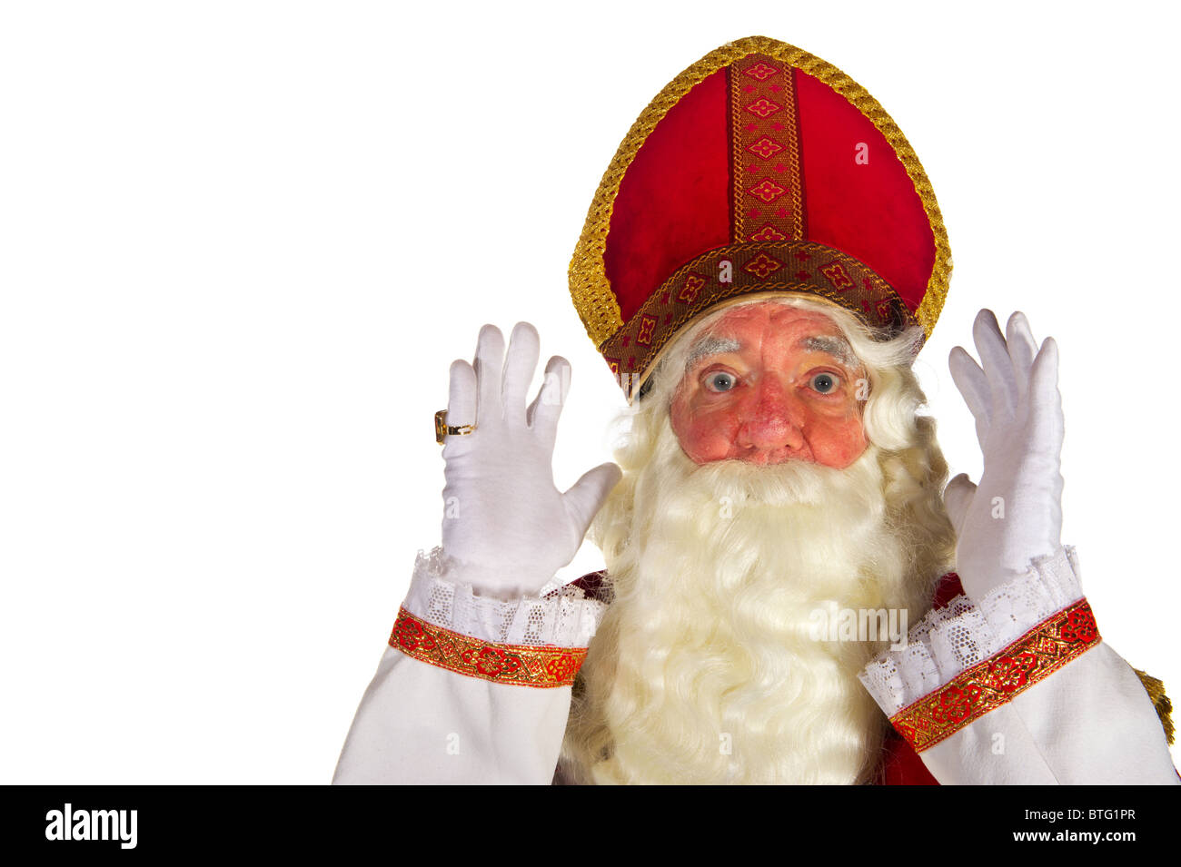 Portrait of the very surprised Dutch Sinterklaas isolated over white ...