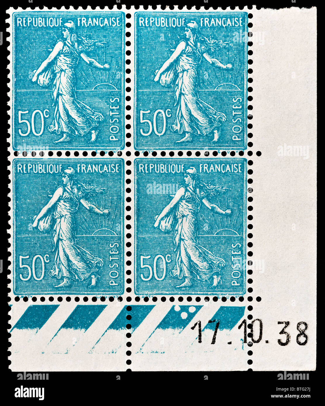 Corner block of 4 unused 1938-39 French 50 cent Semeuse / Sower ...