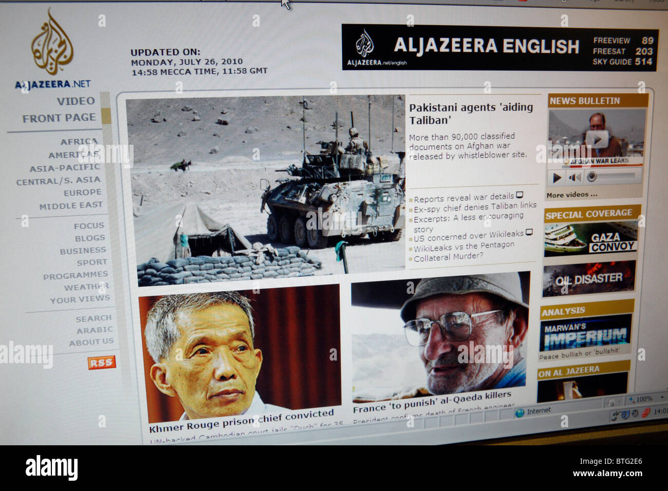 Screen shot of the Al Jezeera news organization's web site, aljazeera ...