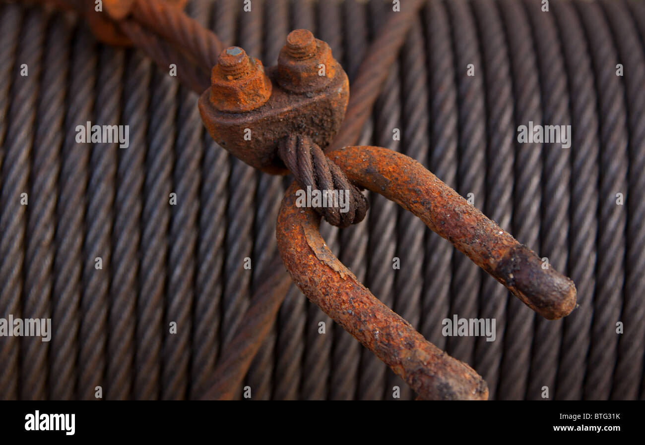 Winch close up with rusty cables over fresher steel cables below Stock ...