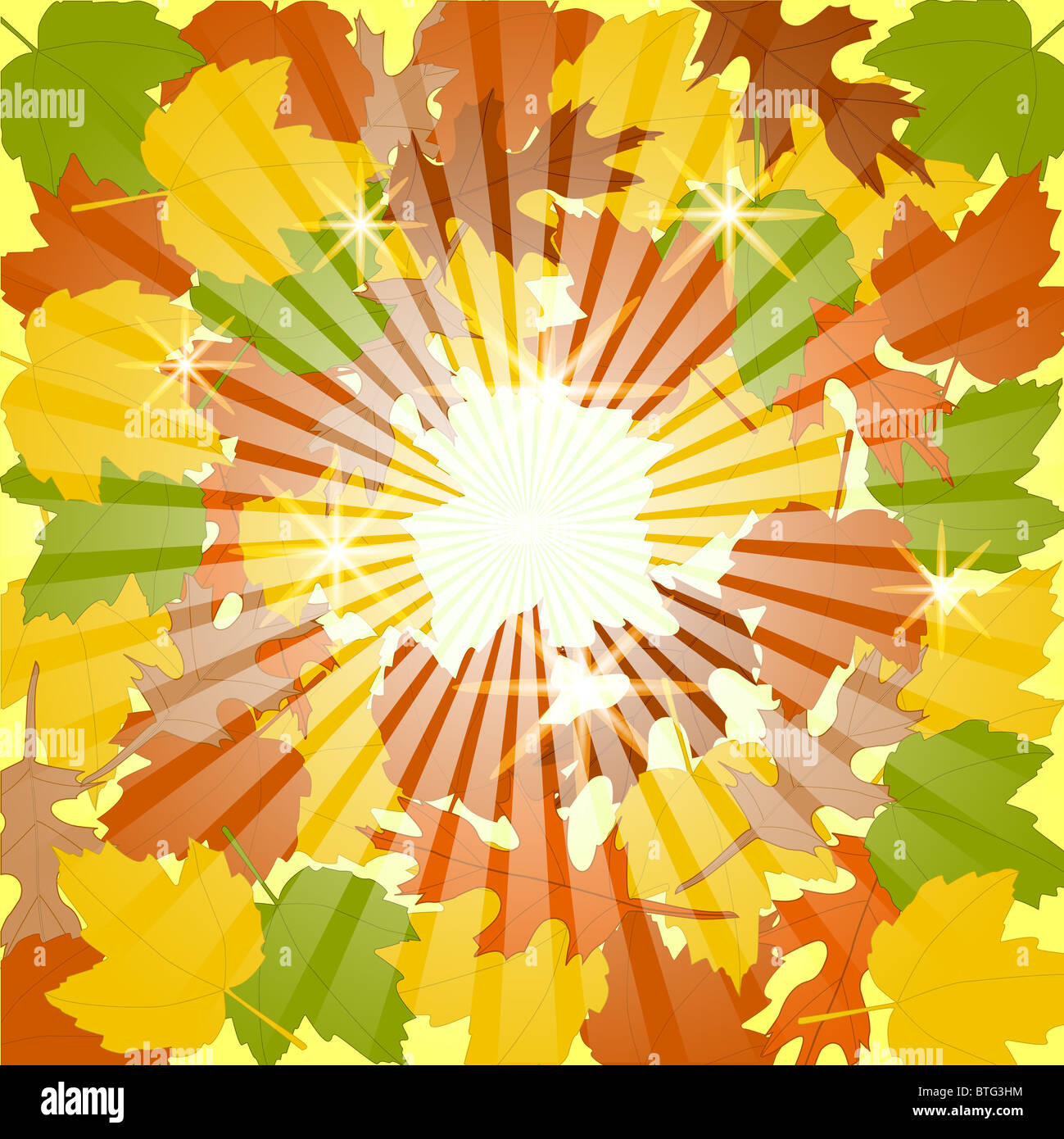 illustration of autumn leaves on sky background with sunny rays Stock ...