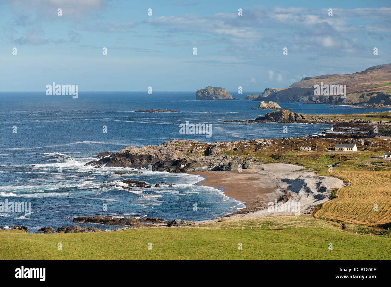 View from Malin Head over the raised beaches of Ballyhillion, Inishowen ...