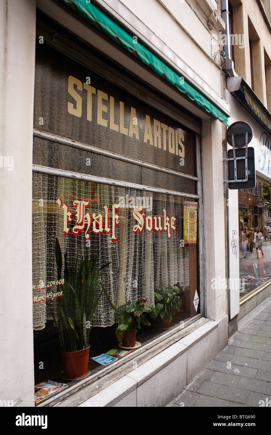 Outside of bar window with Stella Artois graphics, Antwerp, Belgium ...