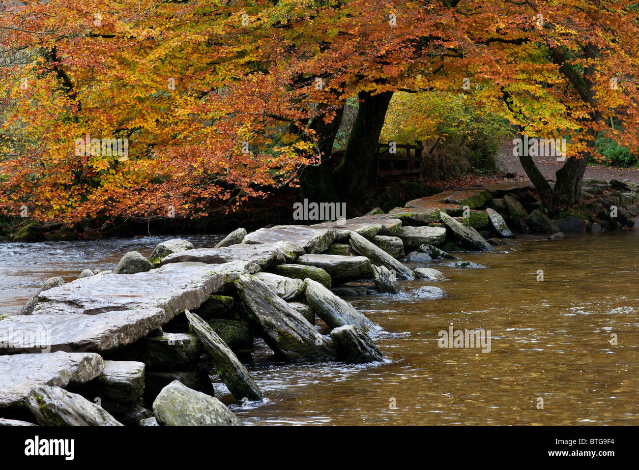 The Tarr Steps, a medieval clapper bridge over the River Barle in the ...