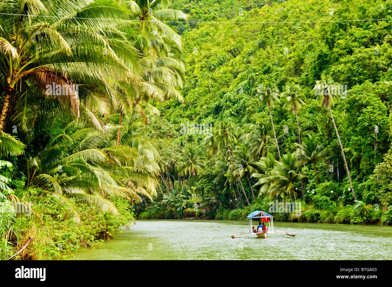 Tropical river, jungle on both shores and a boat Stock Photo - Alamy