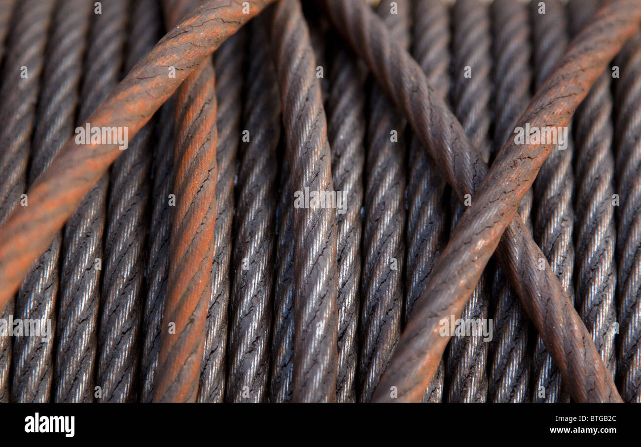 Winch close up with rusty cables over fresher steel cables below Stock ...
