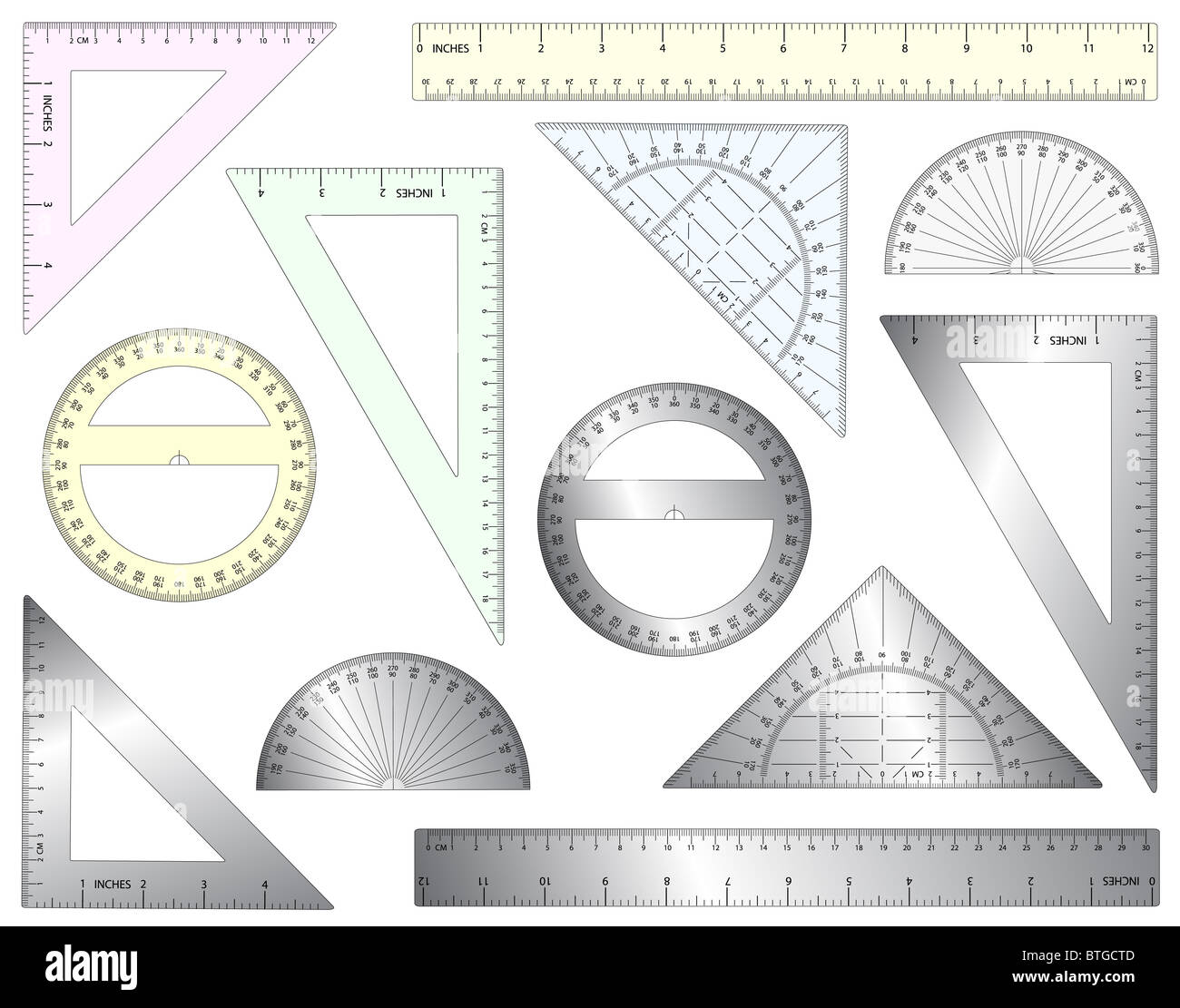 Set of illustrated rulers, set squares and protractors in plastic and ...