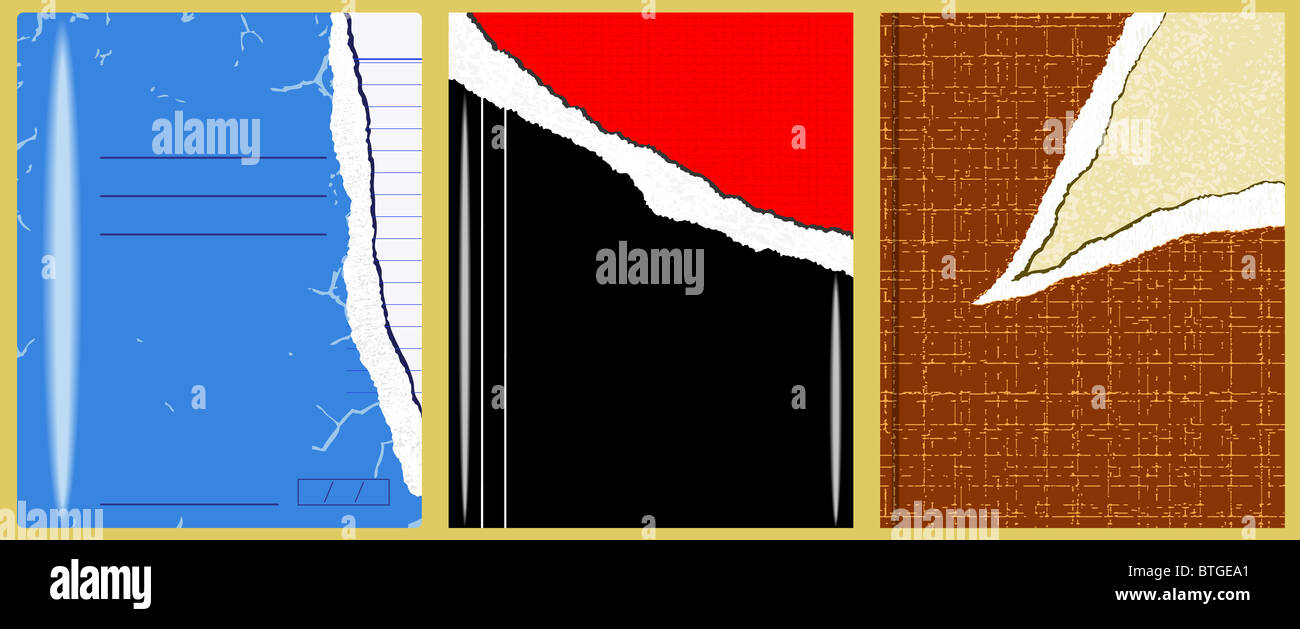 Illustration of three separate books with torn covers Stock Photo - Alamy
