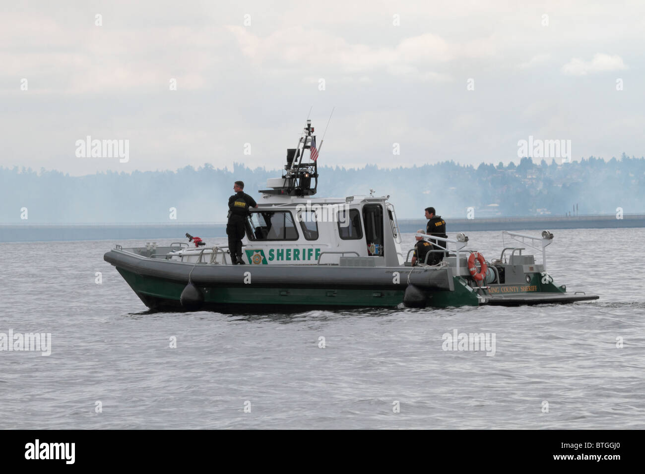 King County Sheriff police boat on Lake Washington in Seattle during ...