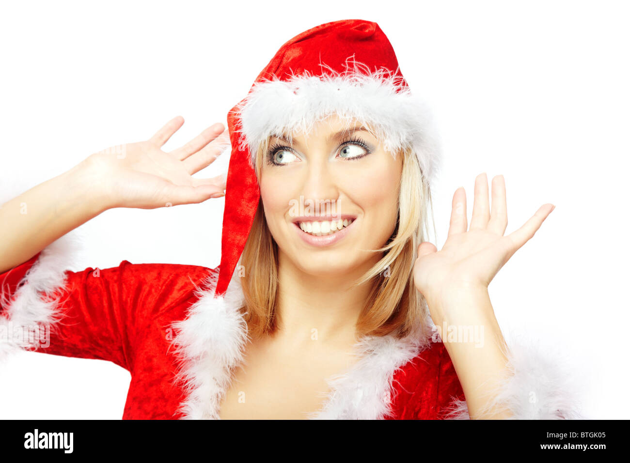 Smiling lady in the red Santa Claus costume on a white background Stock ...
