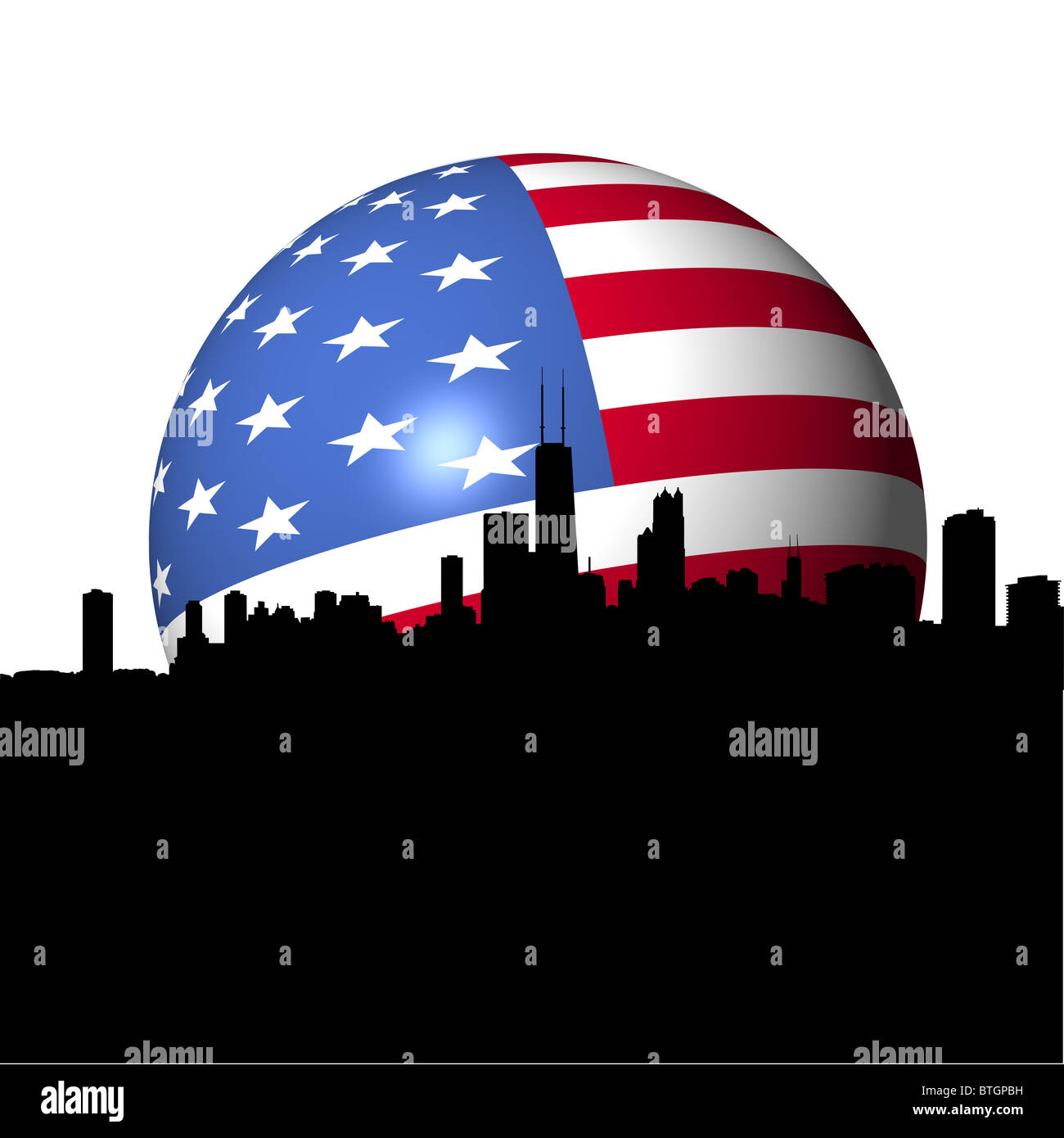 Chicago Skyline with American flag sphere illustration Stock Photo - Alamy