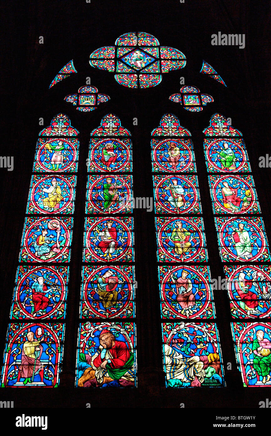Stained glass windows inside Notre Dame de Paris, France Stock Photo ...