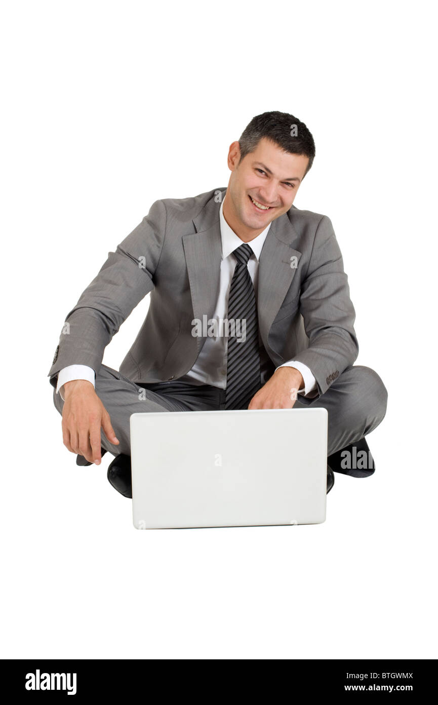 Happy guy laptop looking camera Cut Out Stock Images & Pictures - Alamy