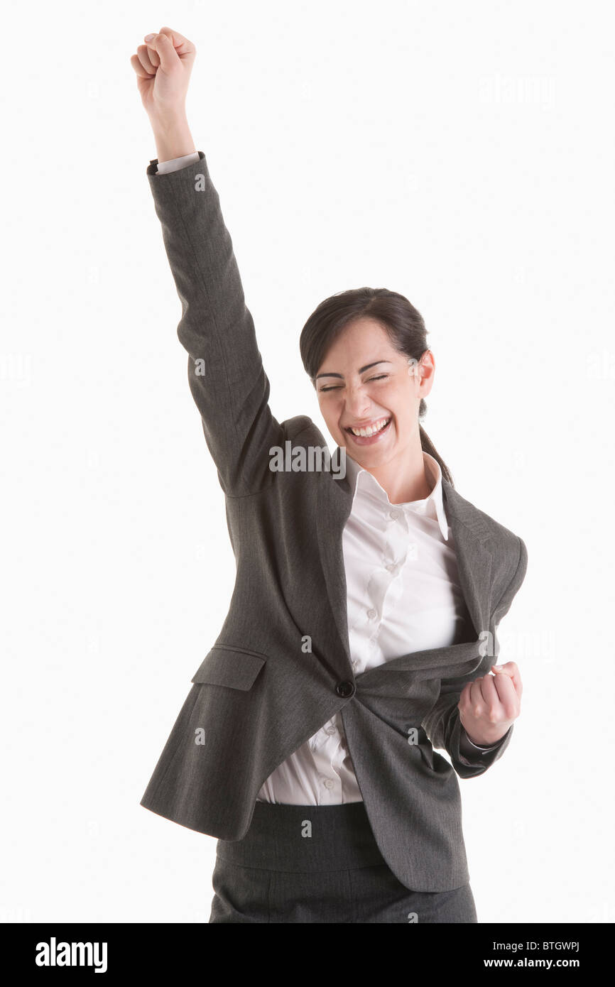 Woman holding fist up Stock Photo - Alamy