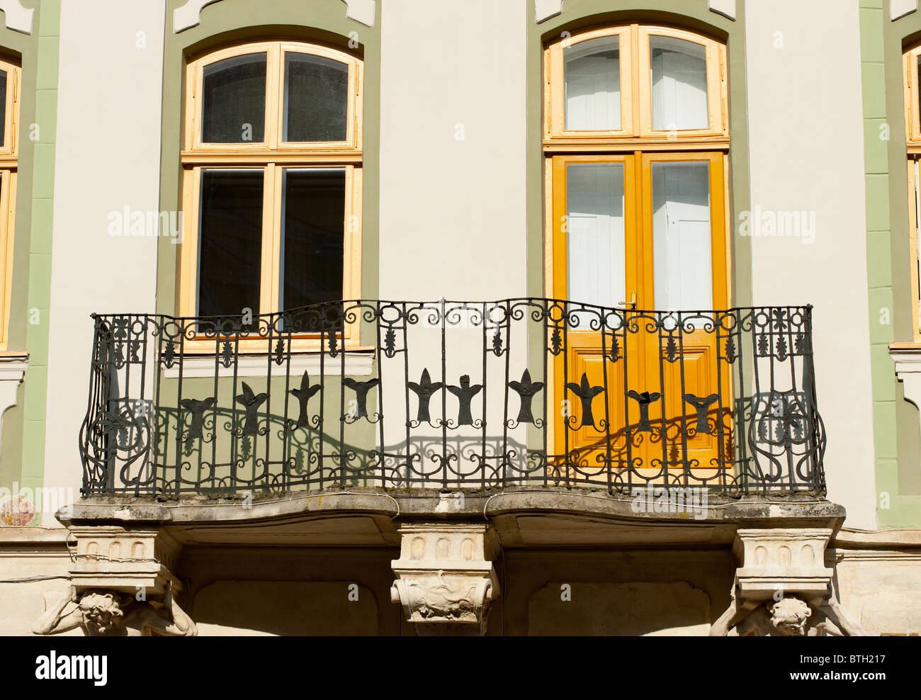 Facade of a building with a balcony. The building is constructed 1850 ...