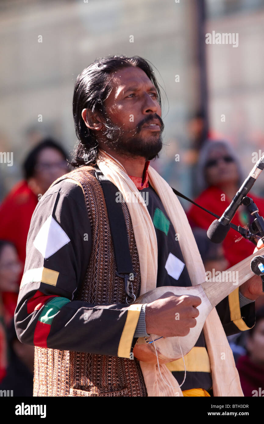A singer performs the music of Rabindranath Tagore during a festival to ...