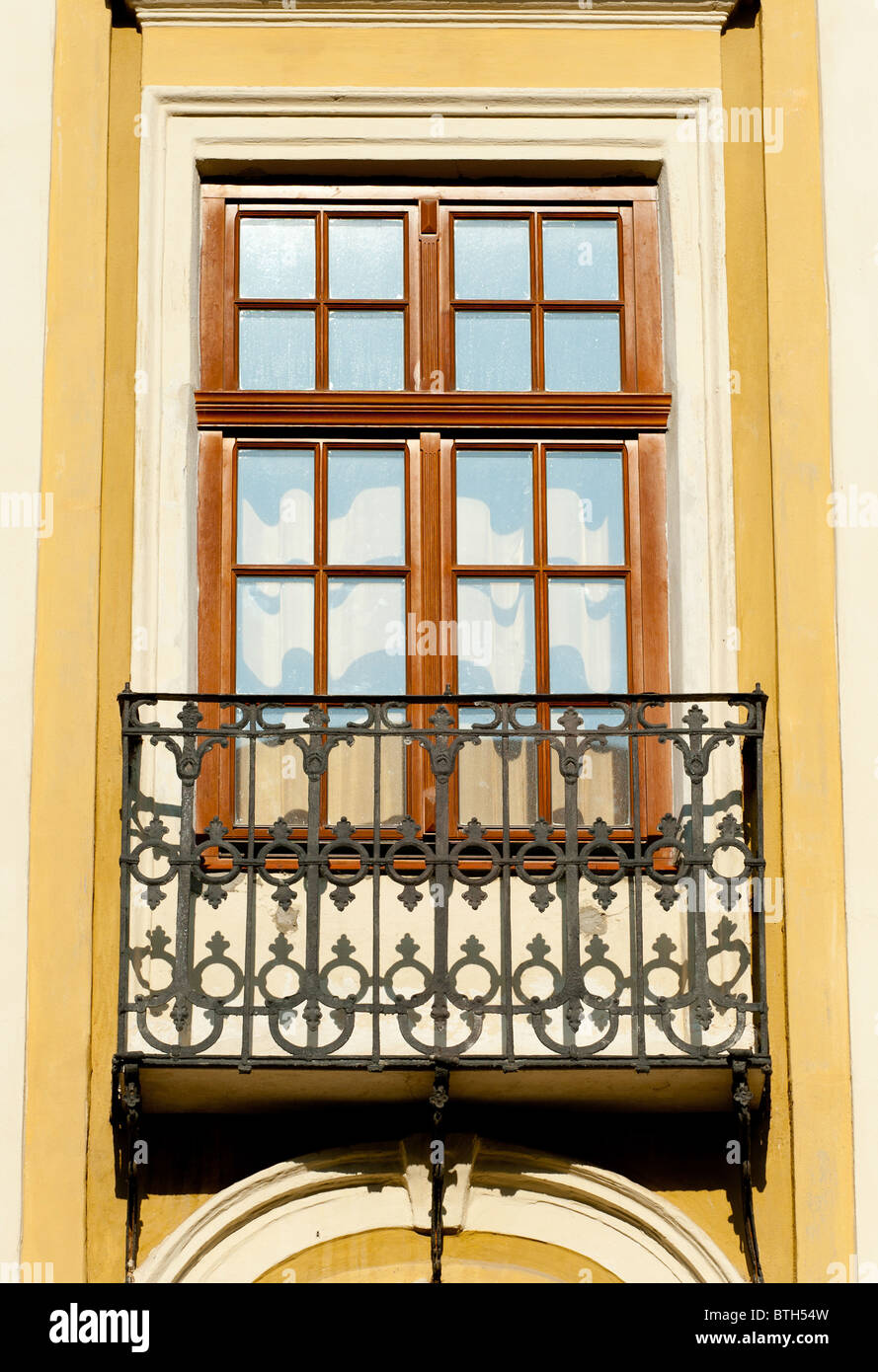 Facade of a building with a balcony. The building is constructed 1850 ...