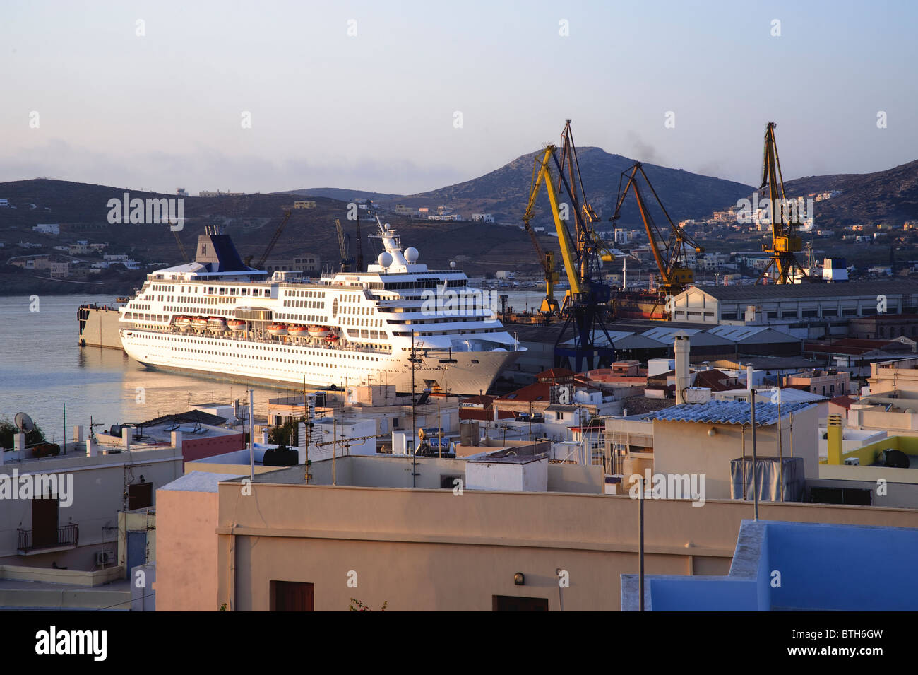 View of the port of Ermoupolis, on the Greek Cyclade island of Syros ...