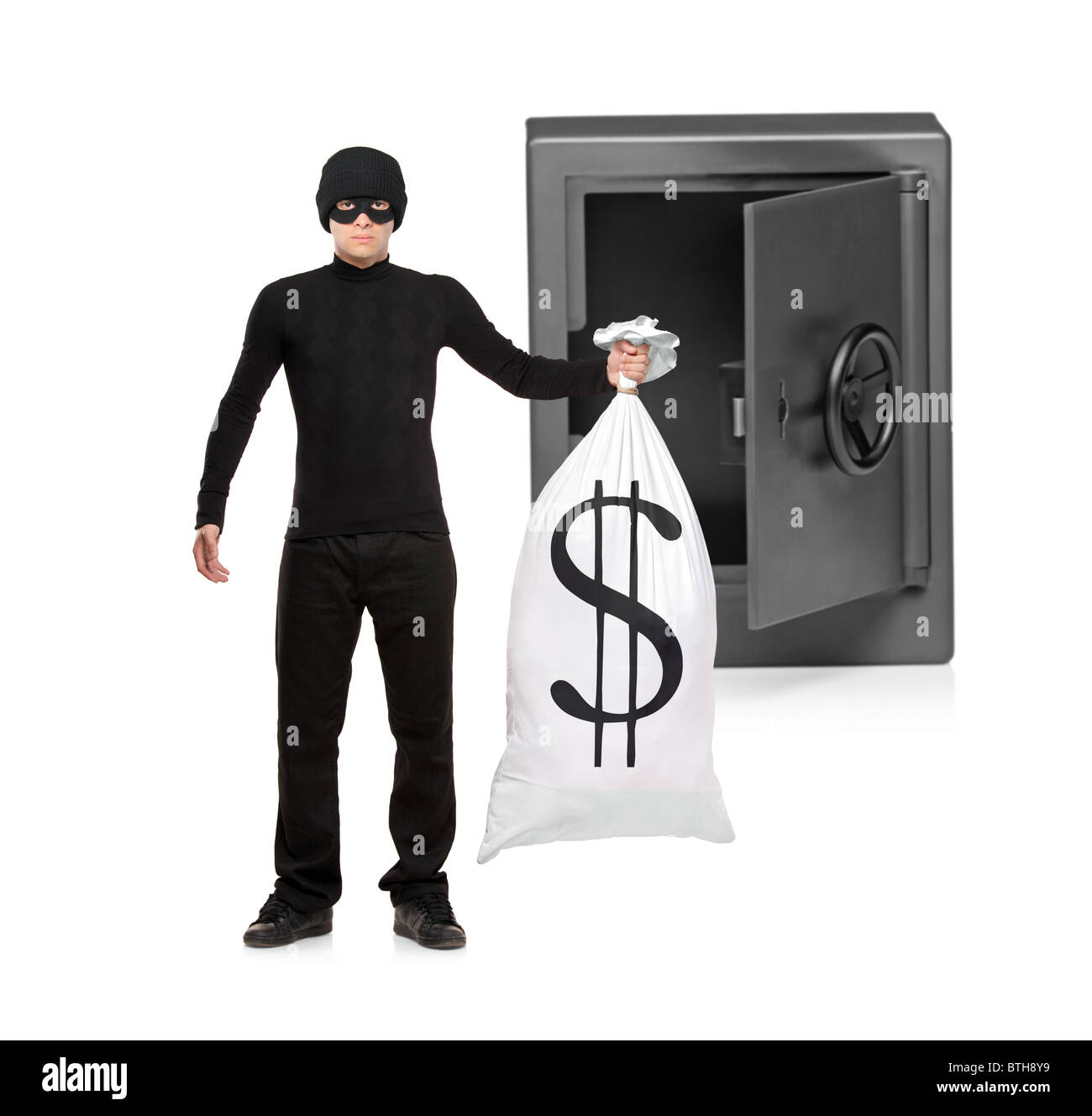 Full length portrait of a thief stealing a money bag from a deposit ...